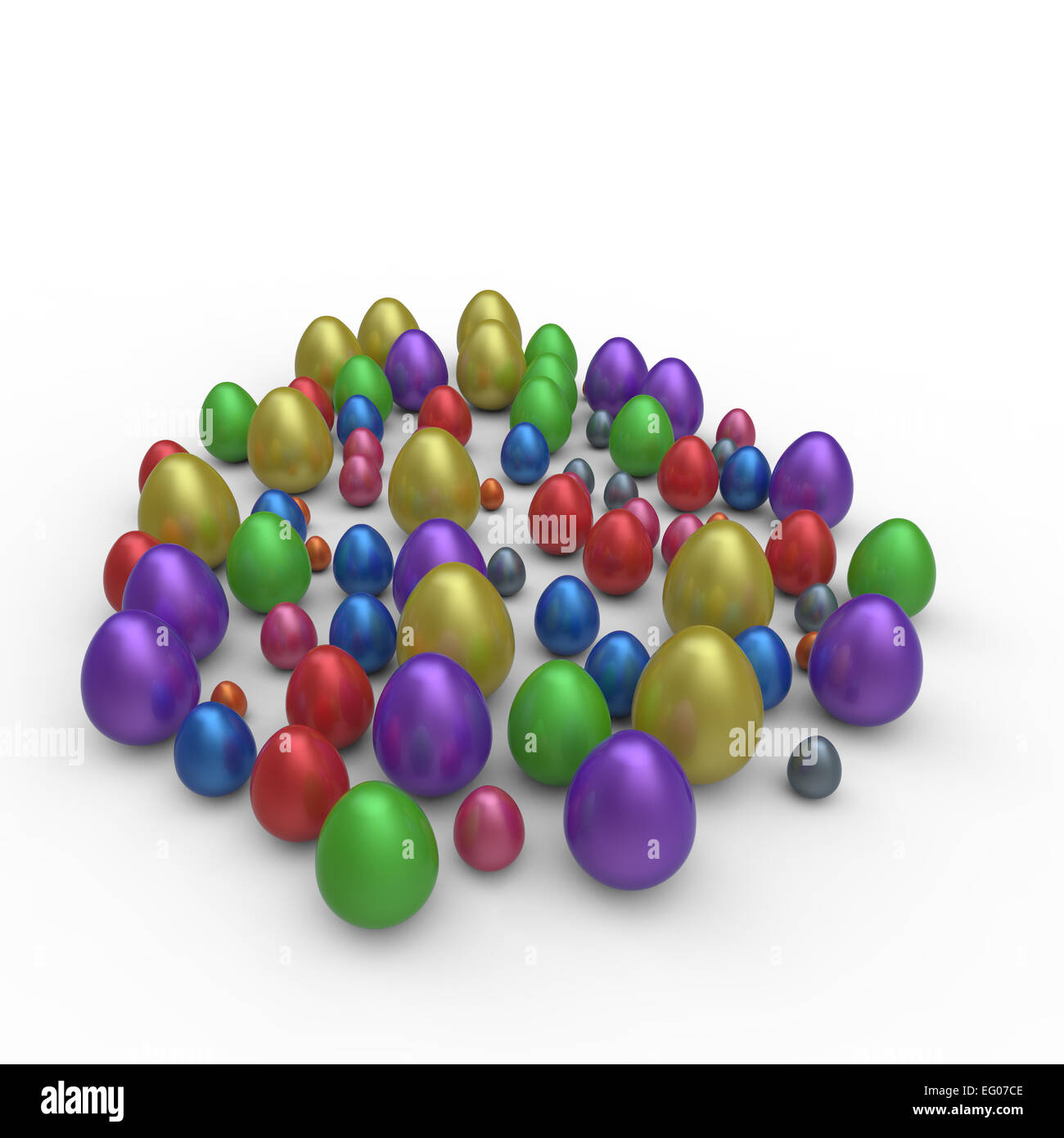 Easter eggs with different sizes and colors scattered on a white ...