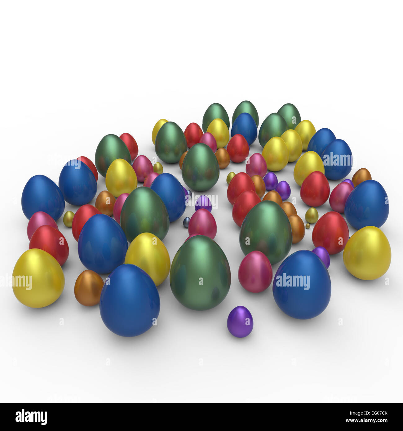 Easter eggs with different sizes and colors scattered on a white ...