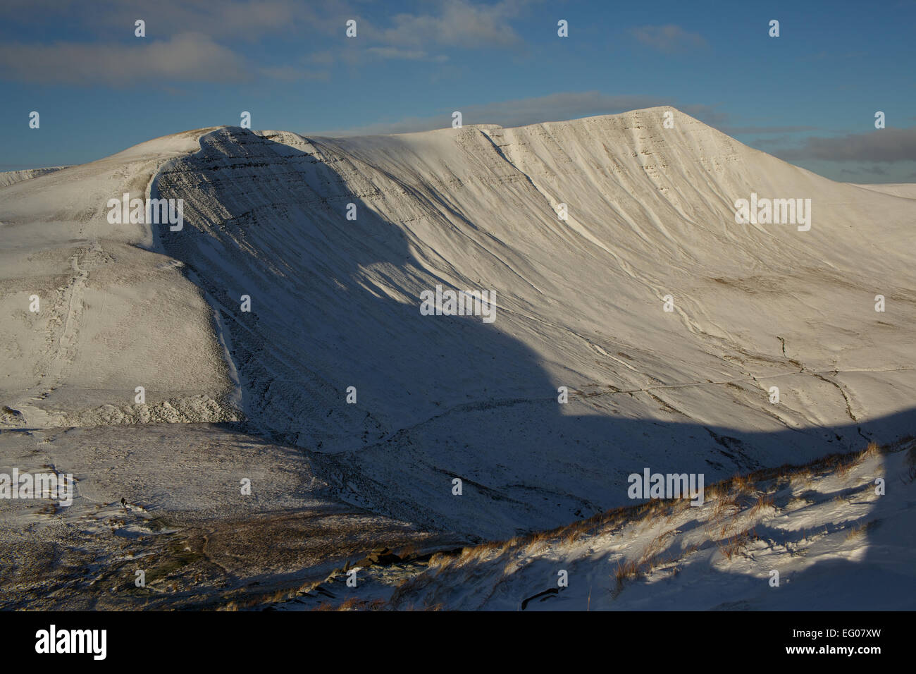 The snow covered peaks of Corn Du and Pen Y Fan visible in the Brecon ...