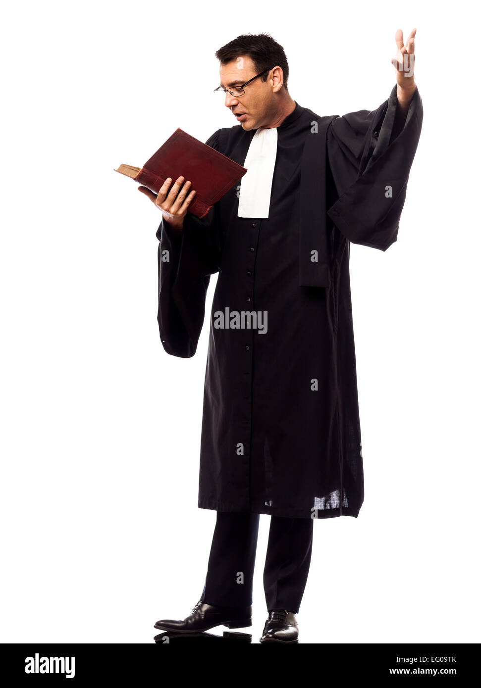 one caucasian lawyer man pleading in studio isolated on white ...