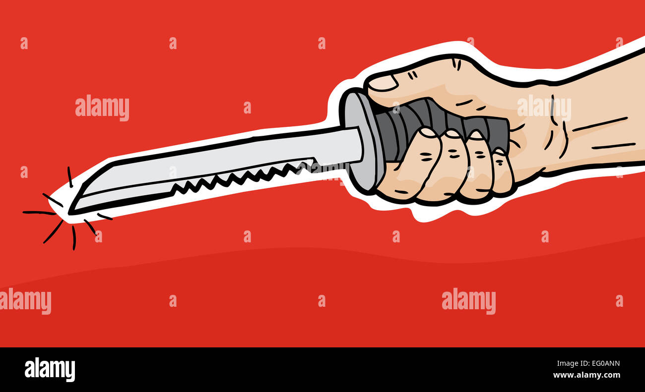 Cartoon serrated dagger in hand over red background Stock Photo - Alamy
