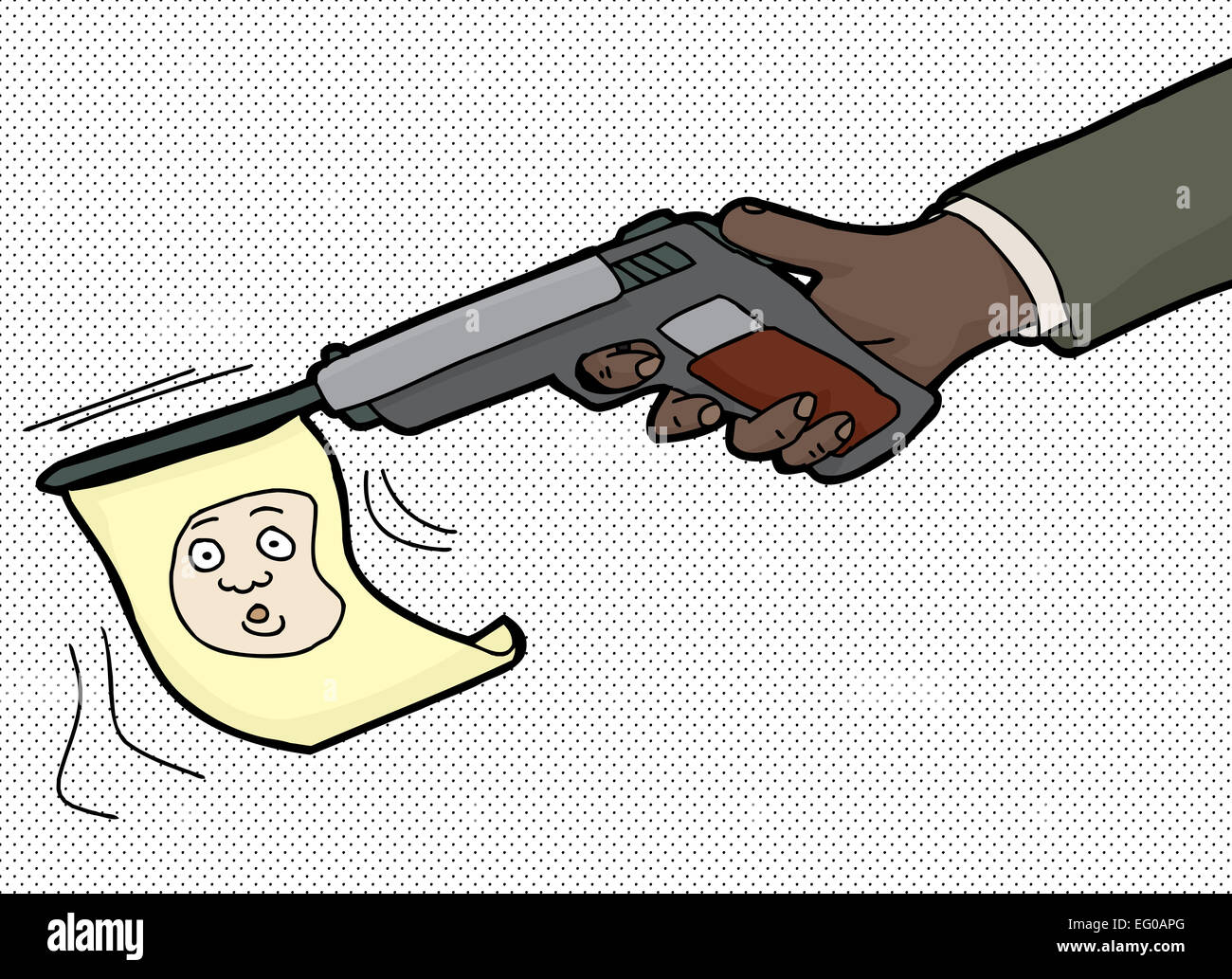 Cartoon of startled face on flag from gun Stock Photo - Alamy