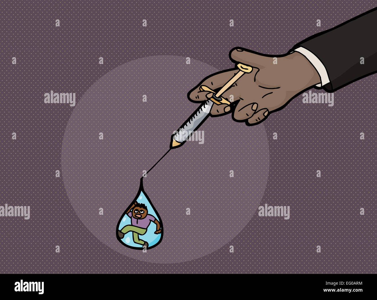 Cartoon of terrified man inside serum of syringe Stock Photo - Alamy