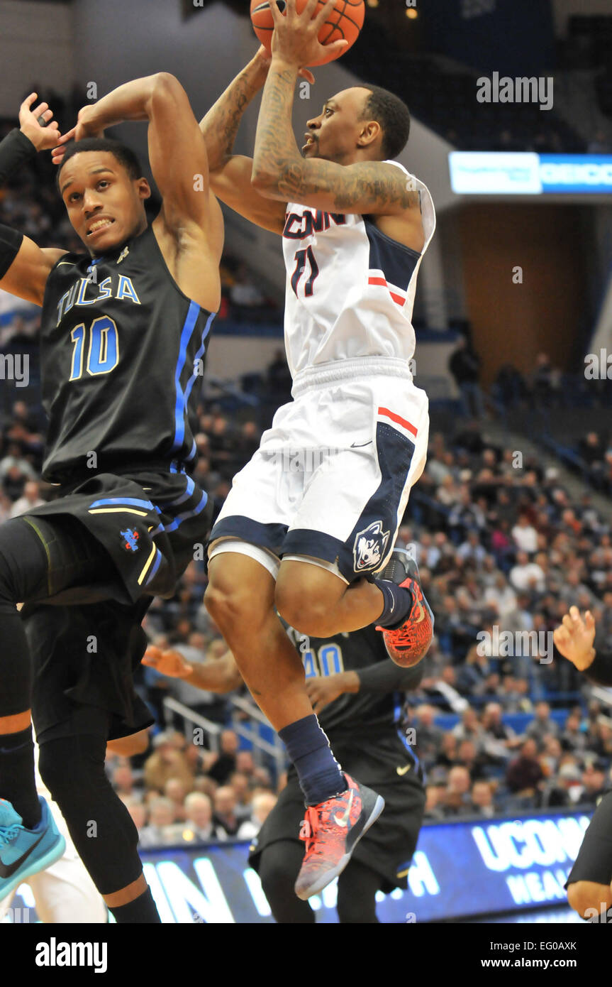February 12th 2015:Ryan Boatright(11) of Uconn and James Woodard(10) of ...