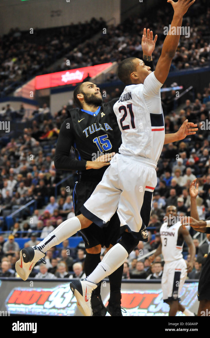 February 12th 2015: Omar Calhoun(21) of Uconn and Marquel Curtis(15) of ...