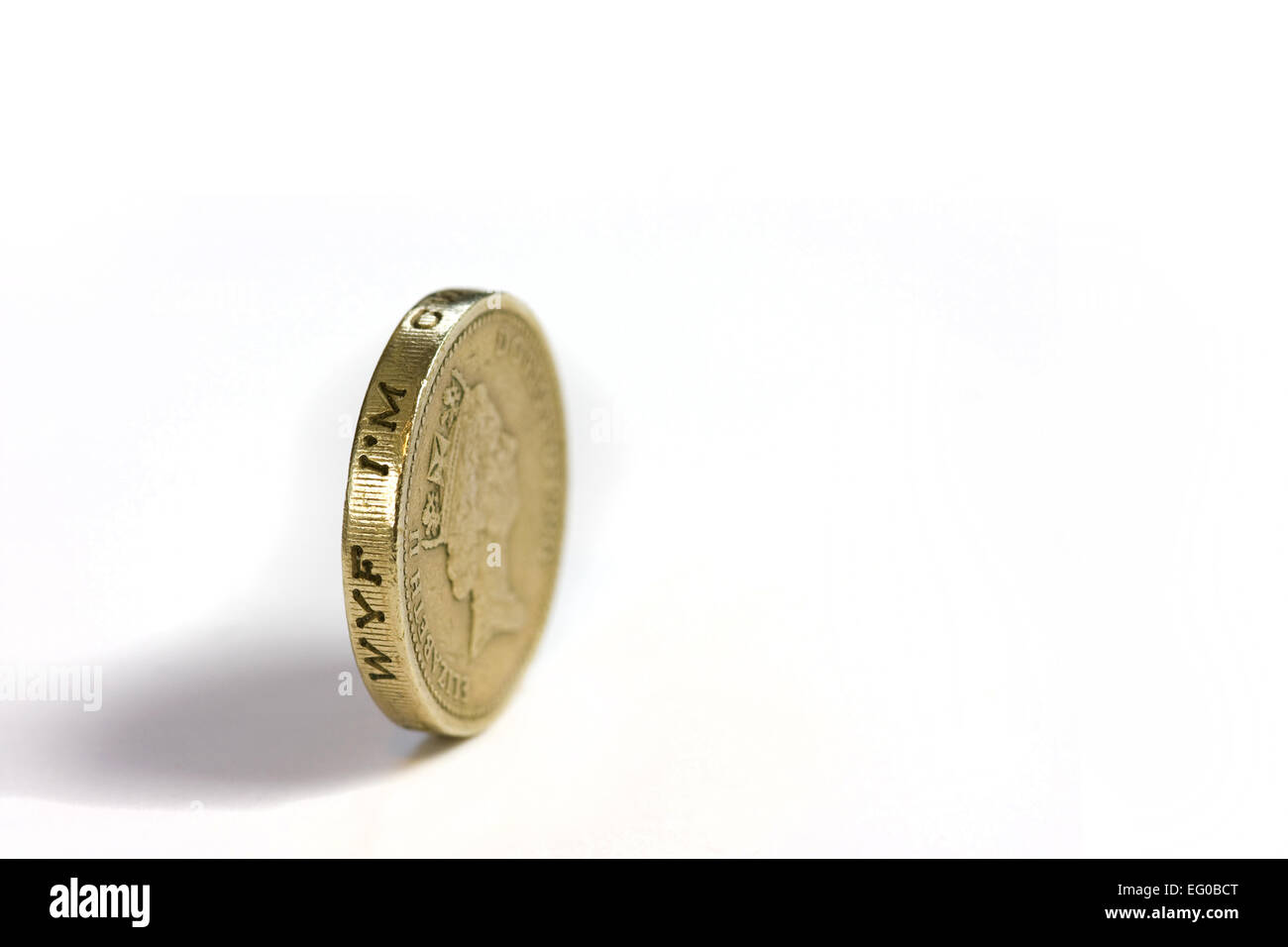 One pound coin on its edge on a white background Stock Photo - Alamy