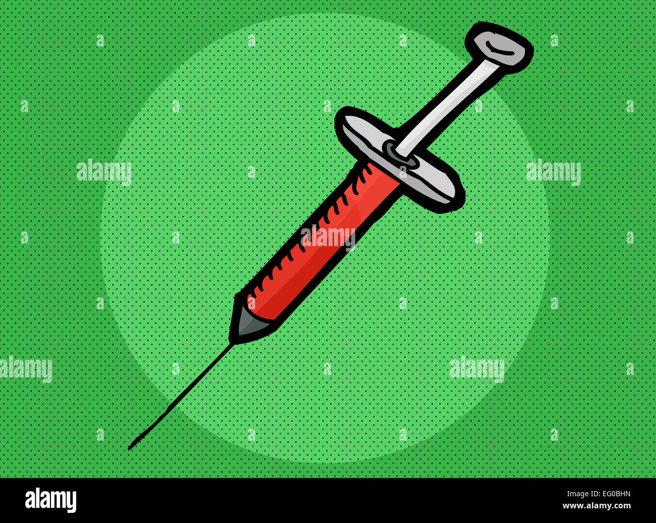 Single cartoon syringe with red blood over green Stock Photo - Alamy
