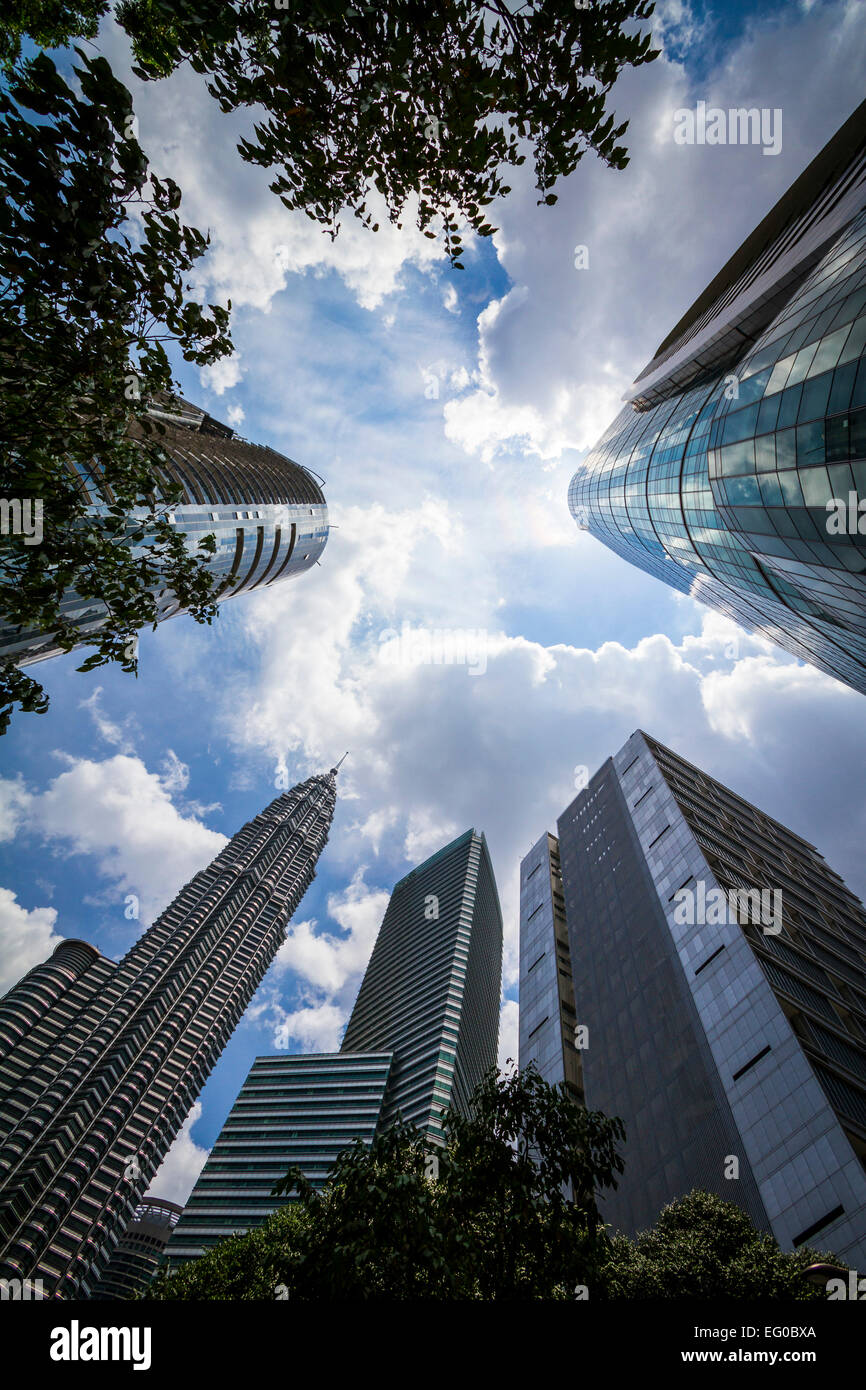 Wide angle view of skyscrapers pointing towards the center sky Stock ...