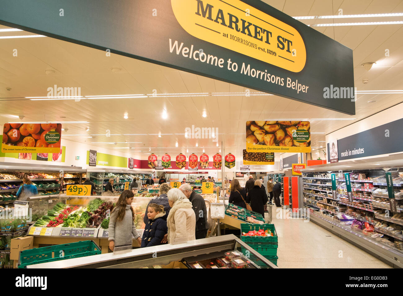 English supermarket chain Morrisons, here interior of a store in Belper ...