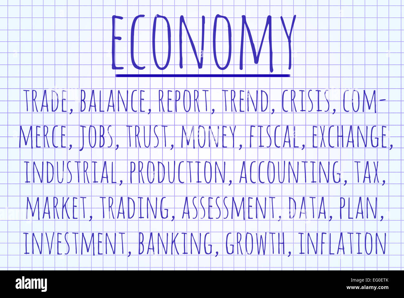 Economy word cloud written on a piece of paper Stock Photo - Alamy