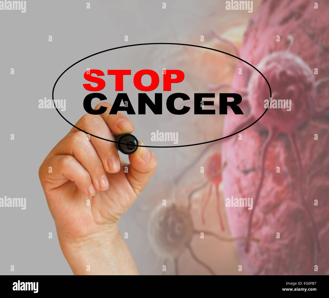 writing words ' STOP CANCER ' on cancer cell background made in 2d ...