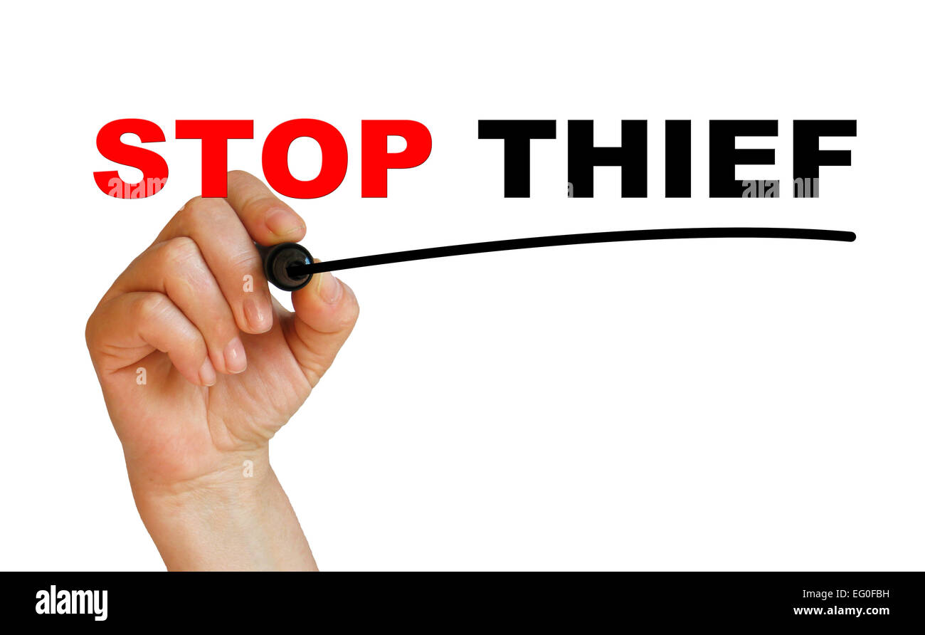 writing words ' STOP THIEF ' on white background made in 2d software ...
