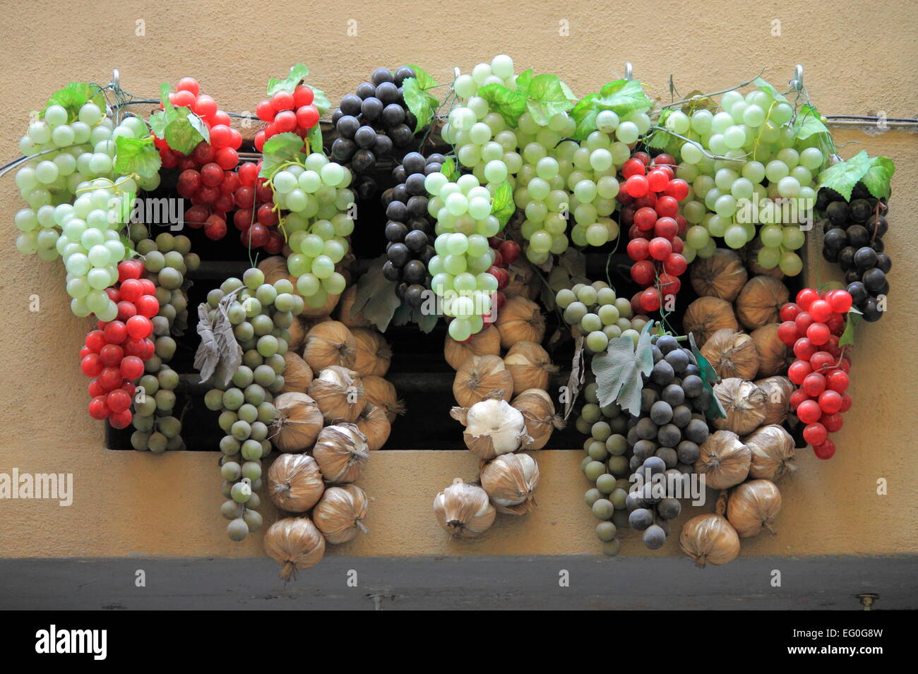 Wine grapes decoration with red, green and dark grapes Stock Photo - Alamy