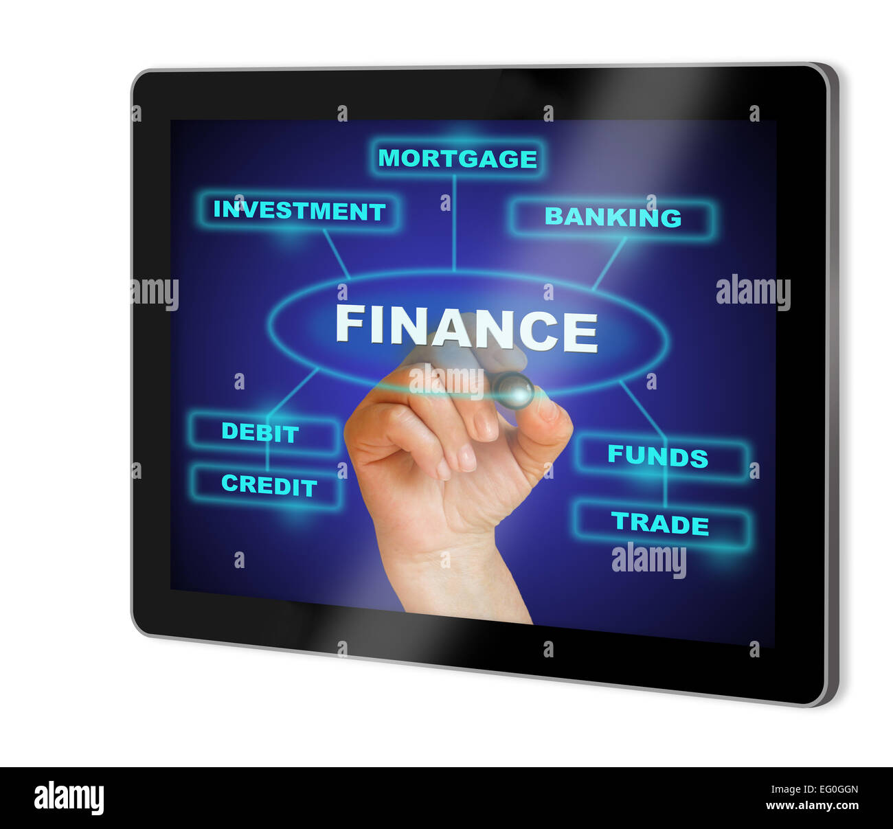 writing words FINANCE show on tablet made in 2d software isolated on ...