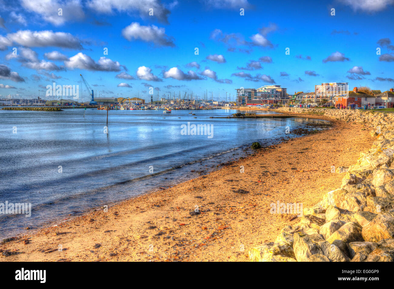 View towards Poole harbour and quay Dorset England UK in vivid ...