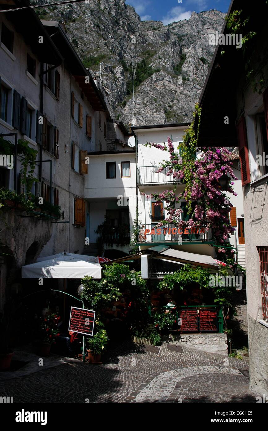 Narrow streets and historic buildings dominate the old town of Limone ...