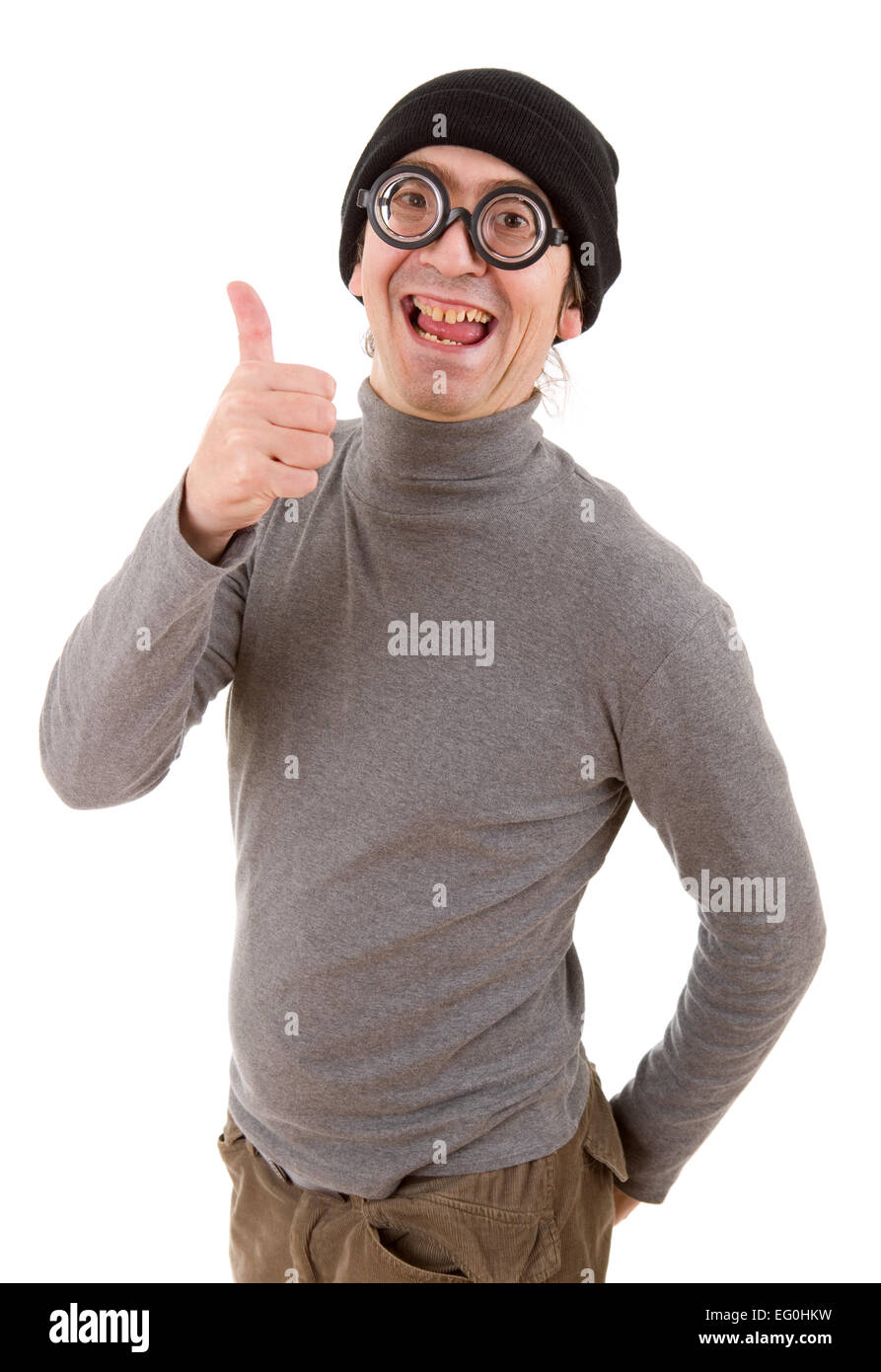 geek man going thumbs up, isolated on white Stock Photo - Alamy