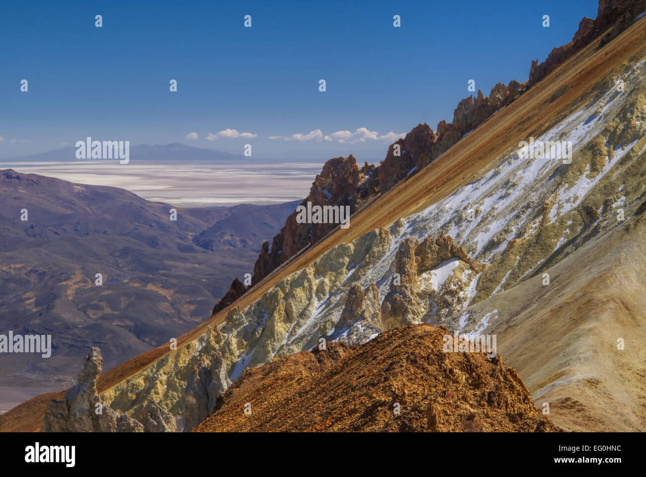 Scenic view of colored mountain slopes above Salar de Uyuni in Bolivia ...
