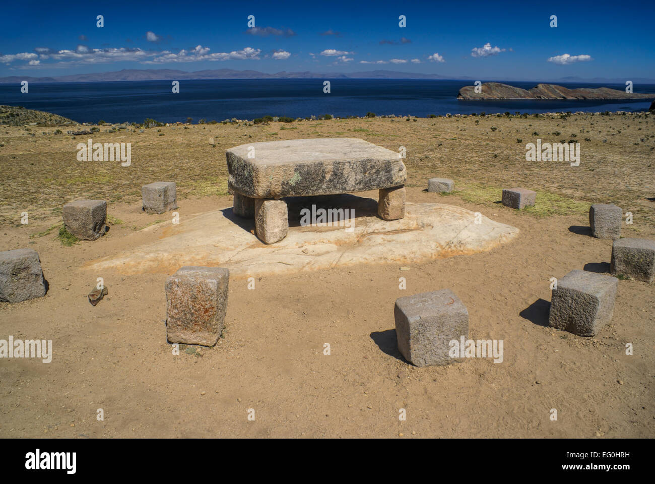Ancient stones on Isla del Sol, island on lake Titicaca in Bolivia ...