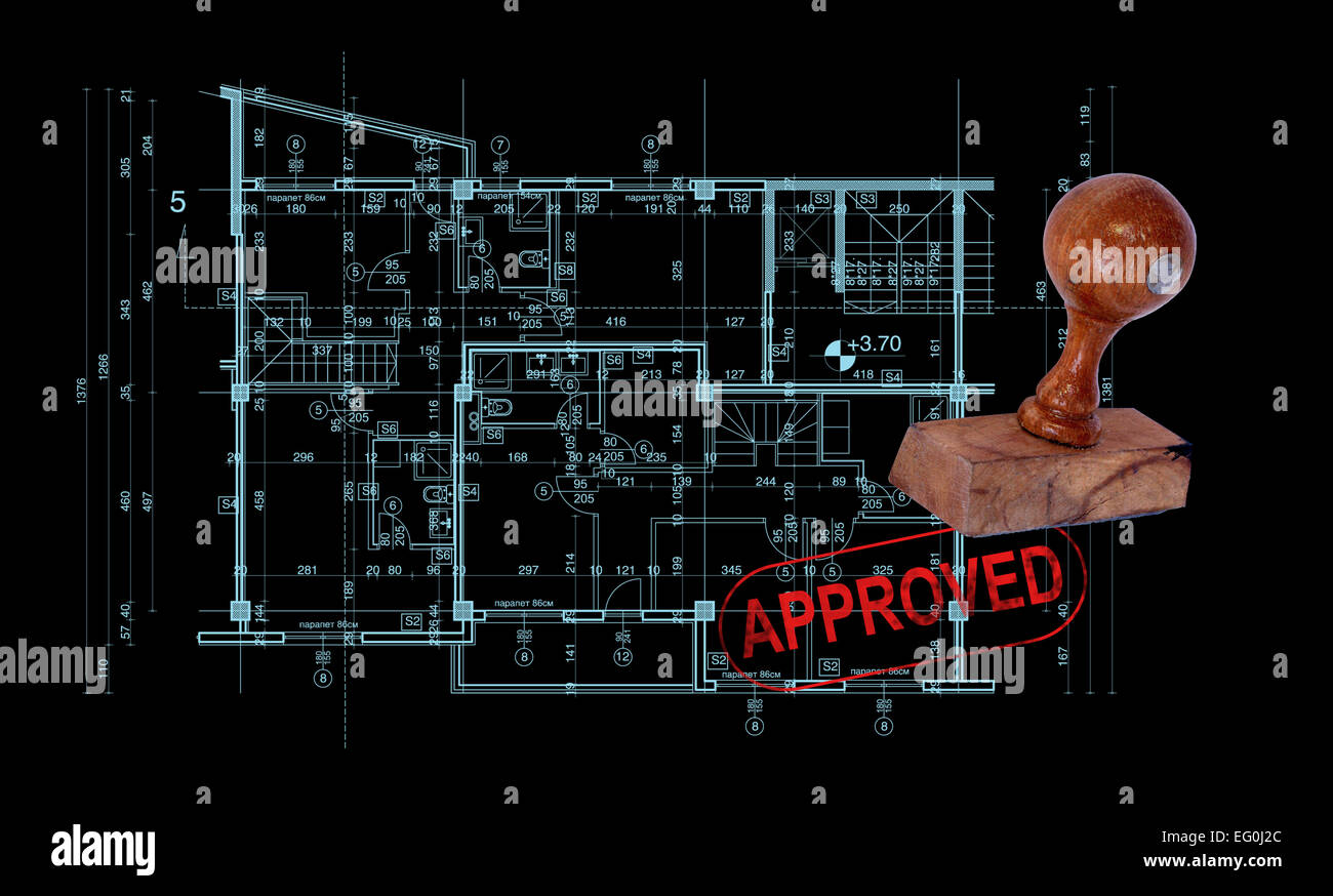 abstract architecture blueprint with Rubber Stamp approved Stock Photo ...