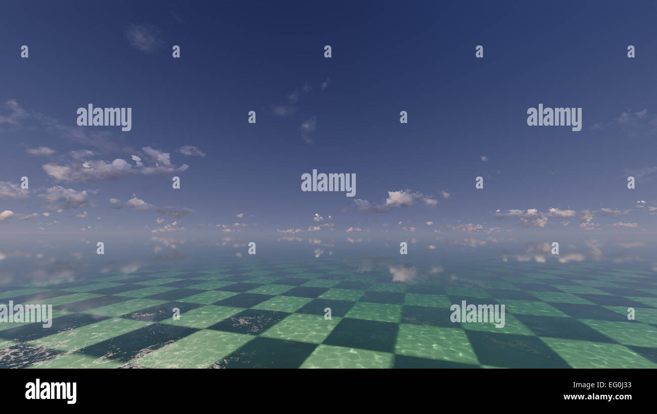 A surreal fantasy landscape of a checker plane with clouds in the ...