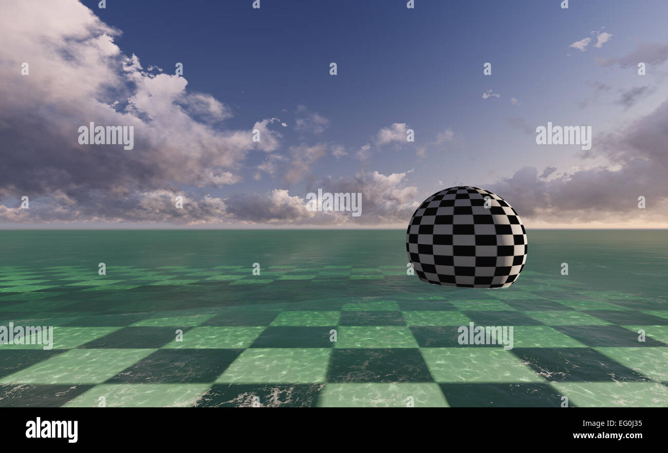 A surreal fantasy landscape of a checker plane with clouds in the ...