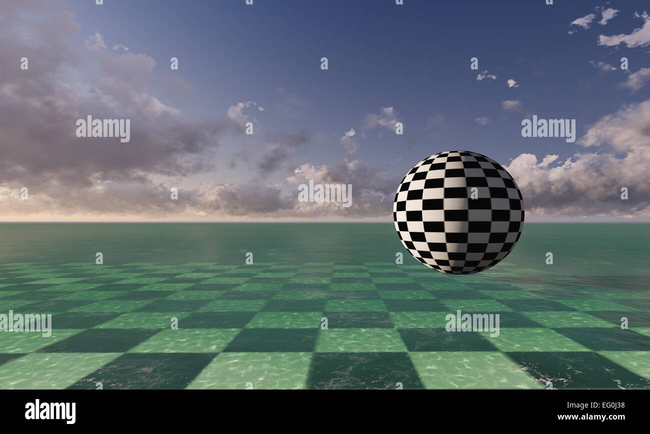 A surreal fantasy landscape of a checker plane with clouds in the ...