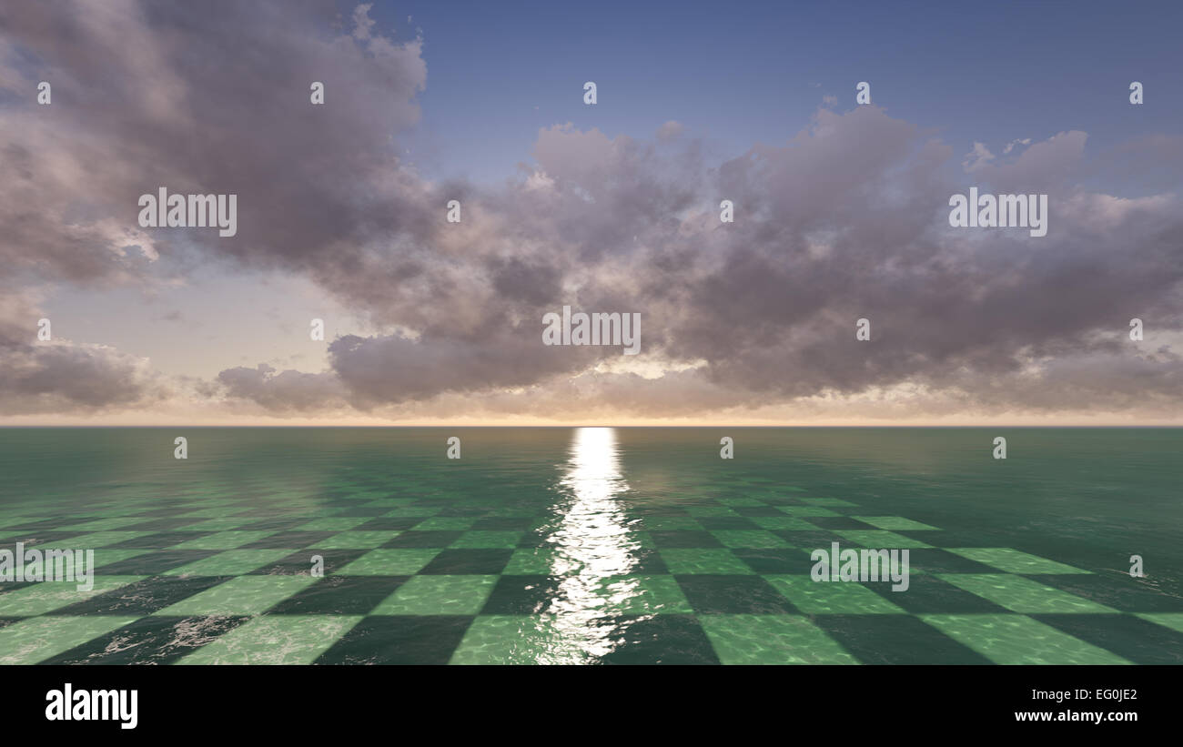 A surreal fantasy landscape of a checker plane with clouds in the ...