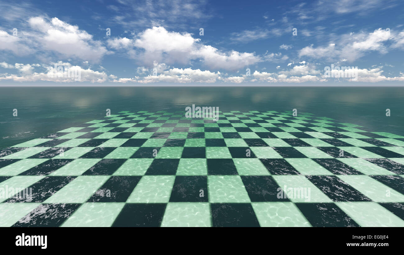 A surreal fantasy landscape of a checker plane with clouds in the ...