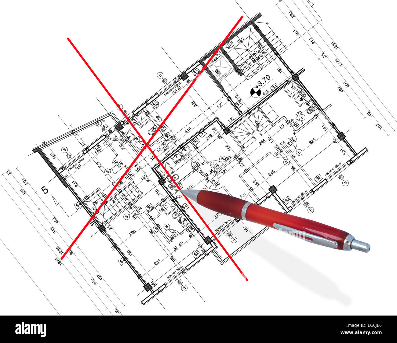 abstract architecture blueprint with red pencil made in 2d software ...