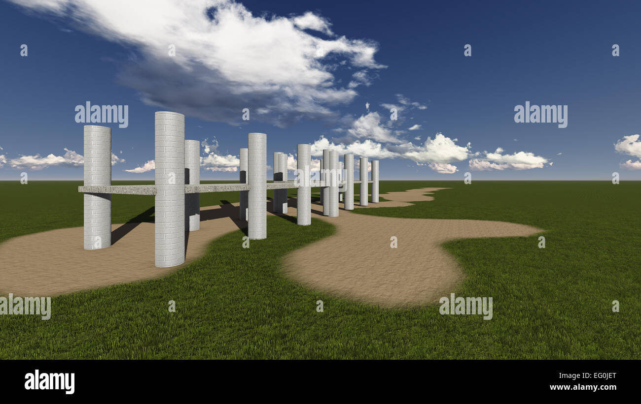 Grass field with pillars made in 3d software Stock Photo - Alamy