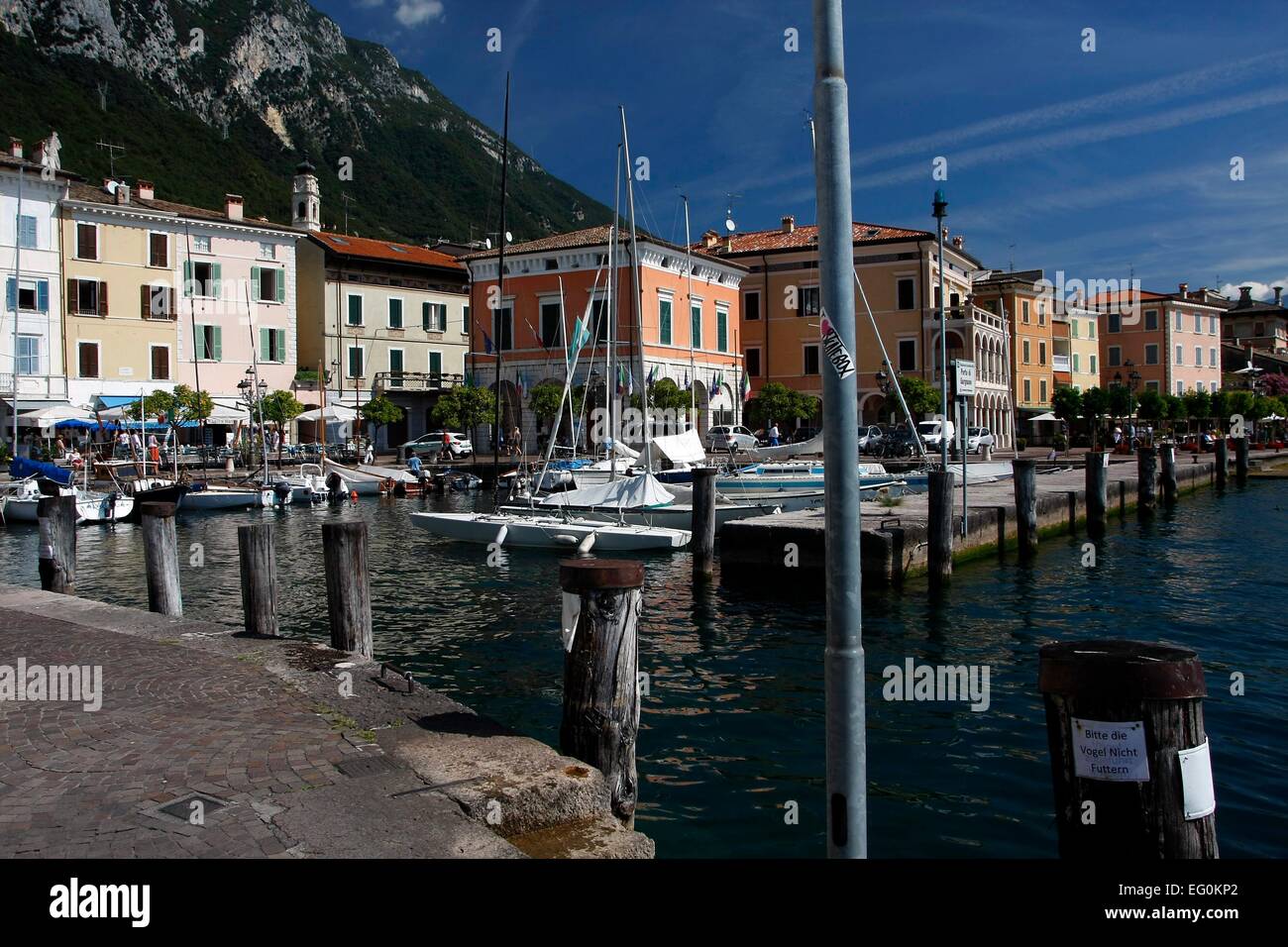 A boat harbor in Gargnano. Gargnano is located on the western shore of ...