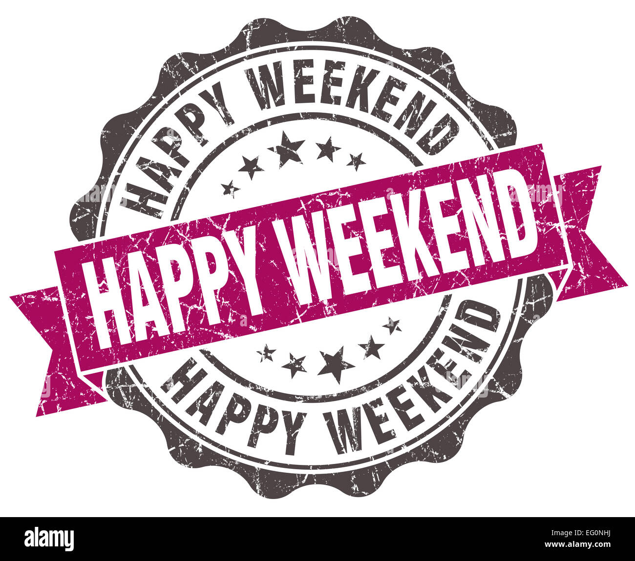 happy weekend grunge violet seal isolated on white Stock Photo - Alamy