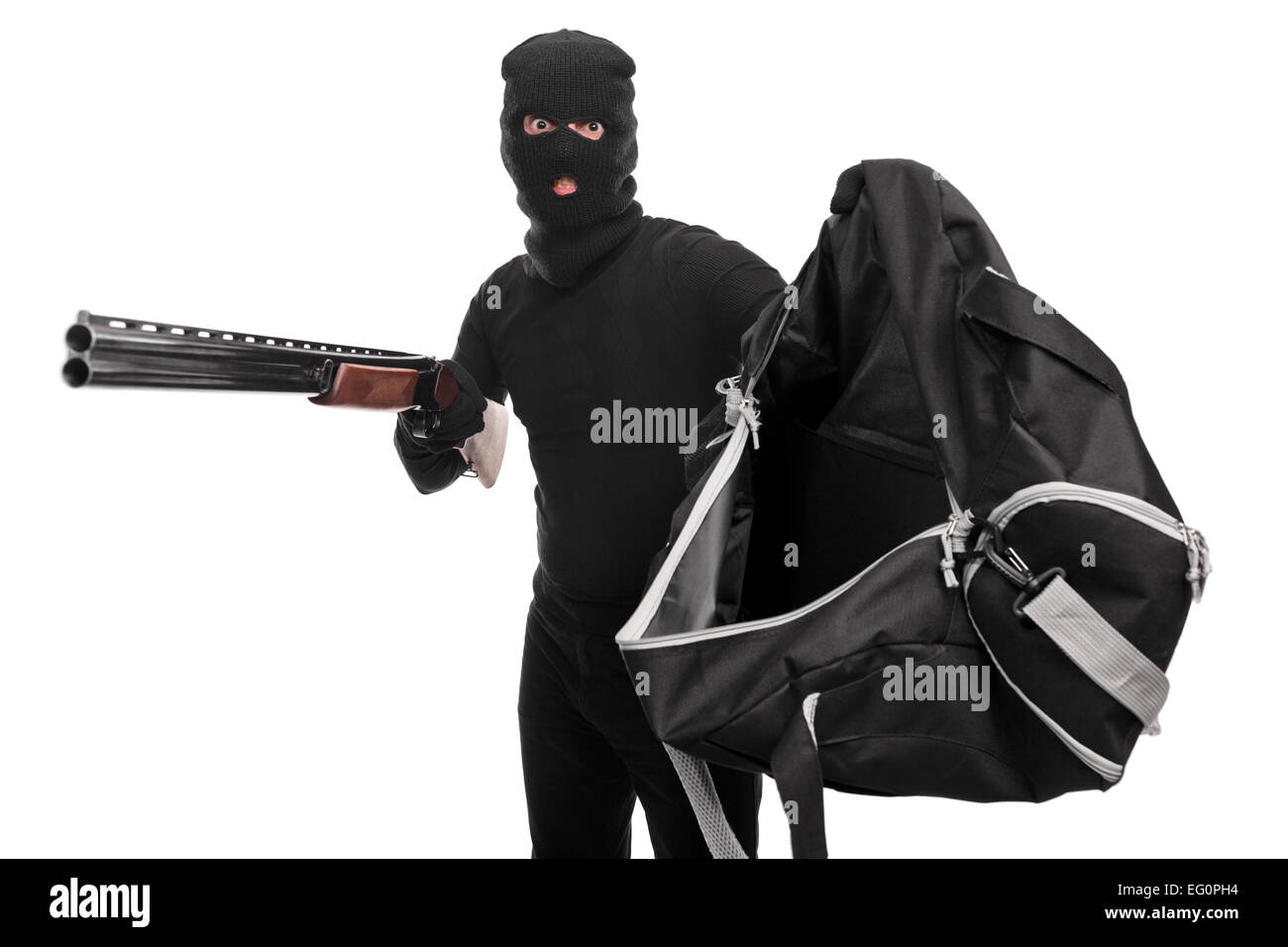 Thief with a rifle holding an empty bag and asking for money isolated ...