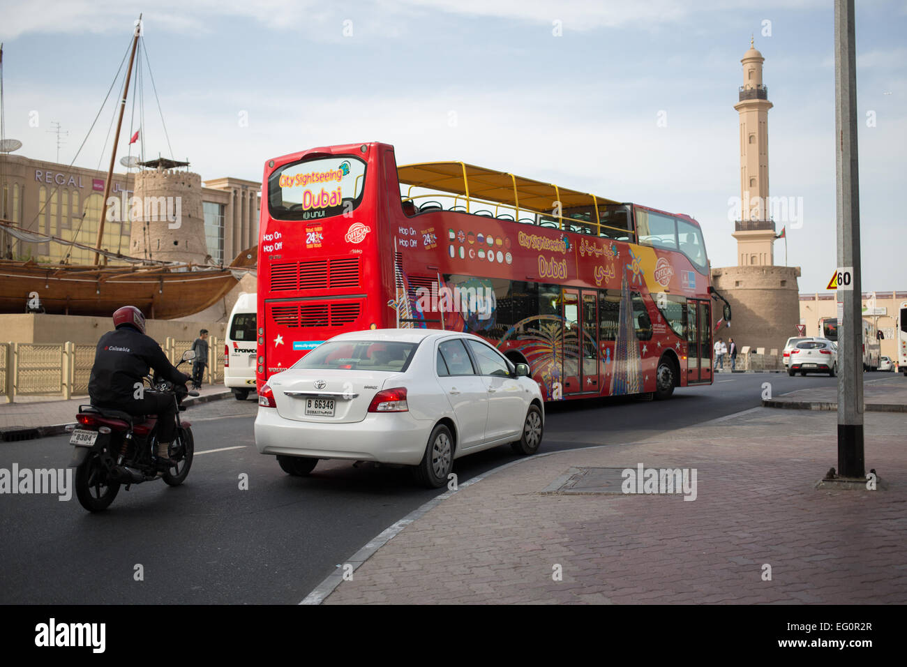 City tour bus in front of The Dubai Museum, Bur Dubai Stock Photo - Alamy