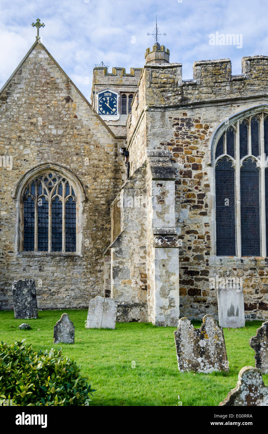 View of the clock on the tower of All Saints Church, Biddenden, Kent ...