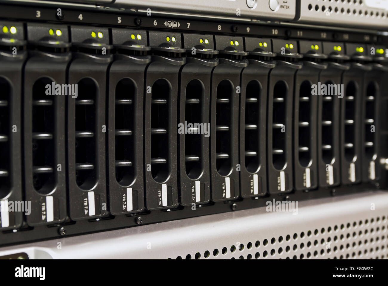 A disk cabinet / SAN with many large hard drives mounted in a rack ...