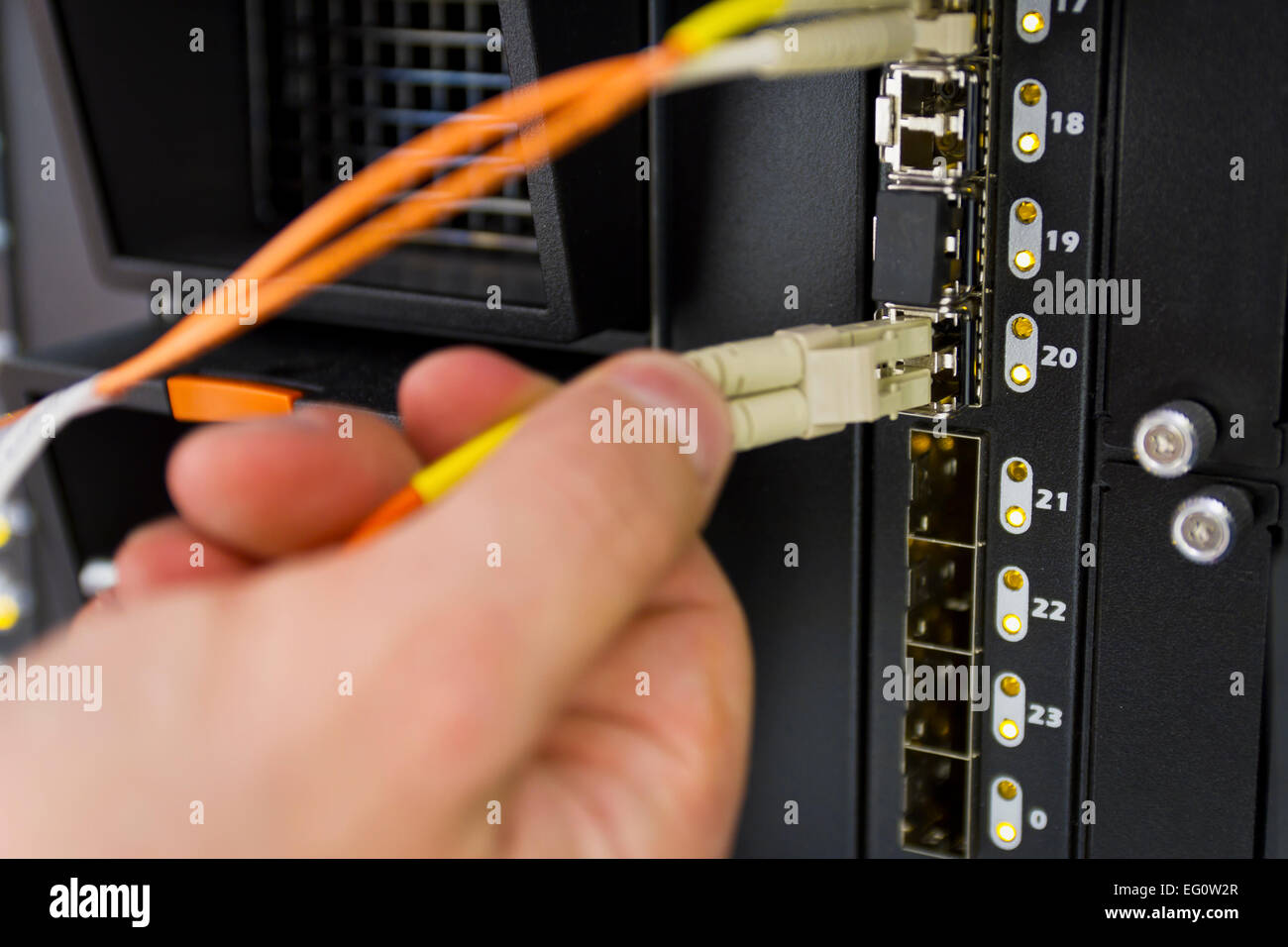 Insert a fiber cable into a switch in datacenter Stock Photo - Alamy