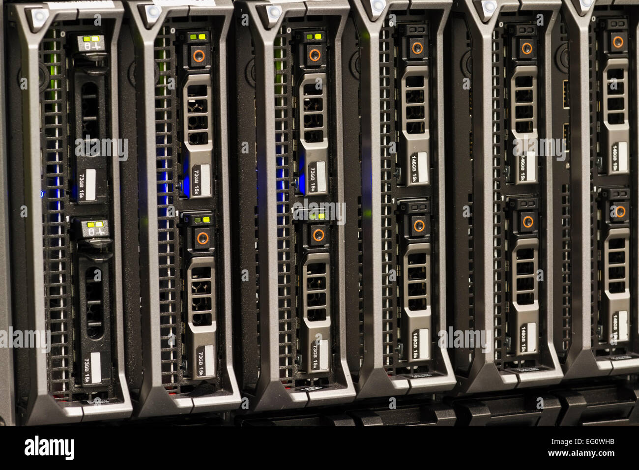 Blade servers in a blade chassis in a rack. Shot in a data center Stock ...