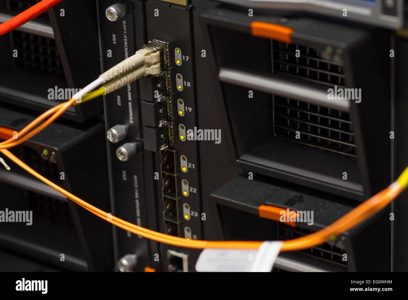 A fiber optical card / switch on a blade server in a rack. Shot in a ...