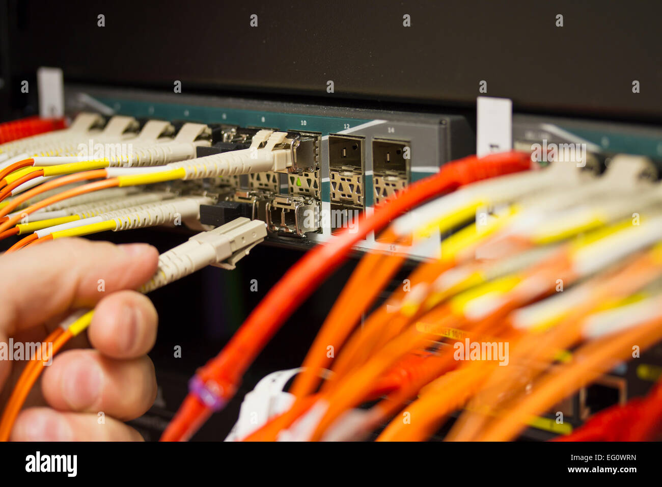 Insert a fiber cable into a switch in datacenter Stock Photo - Alamy