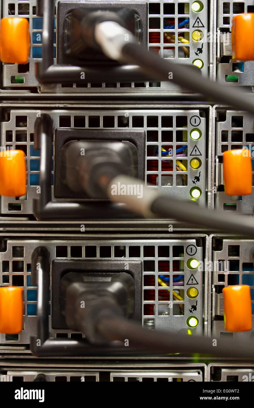 Power Supplies on one unit rack servers in a data center Stock Photo ...