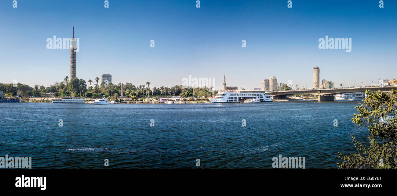 Panorama of the bank of the River Nile at Cairo, with TV Tower and ...