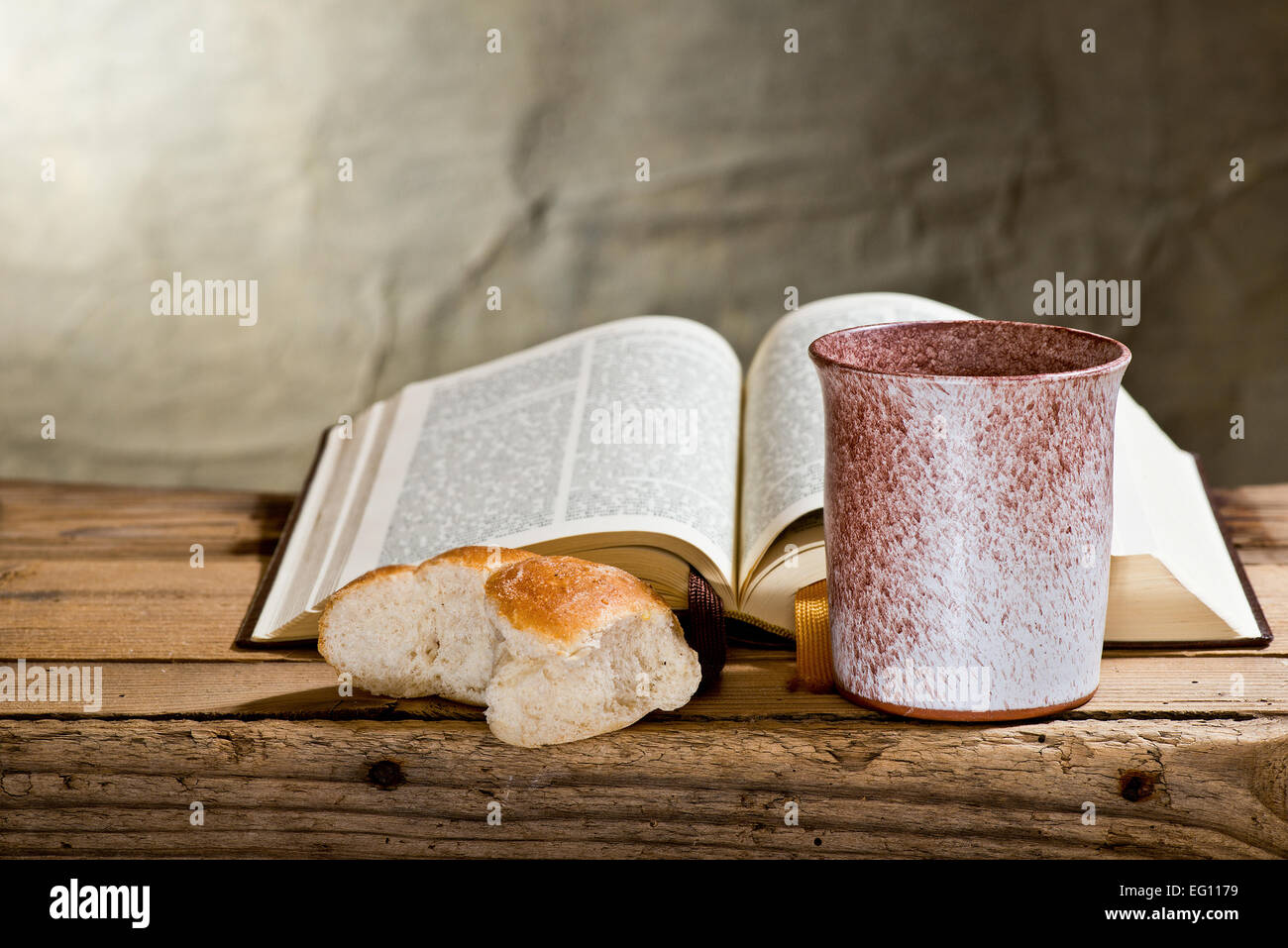still life with Bible chalice and bread Stock Photo - Alamy