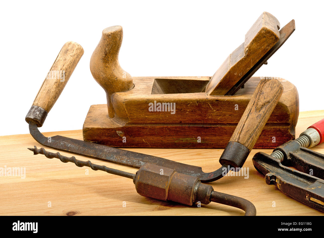 old used tools on the wooden desk Stock Photo - Alamy