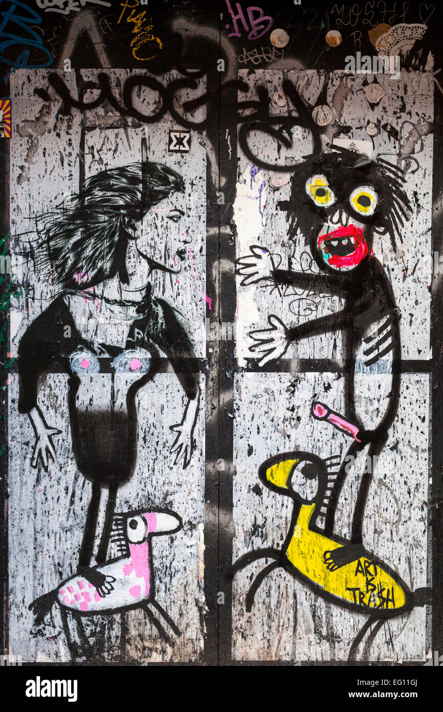 Graffiti street art on a painted over window in Brick Lane, East London ...