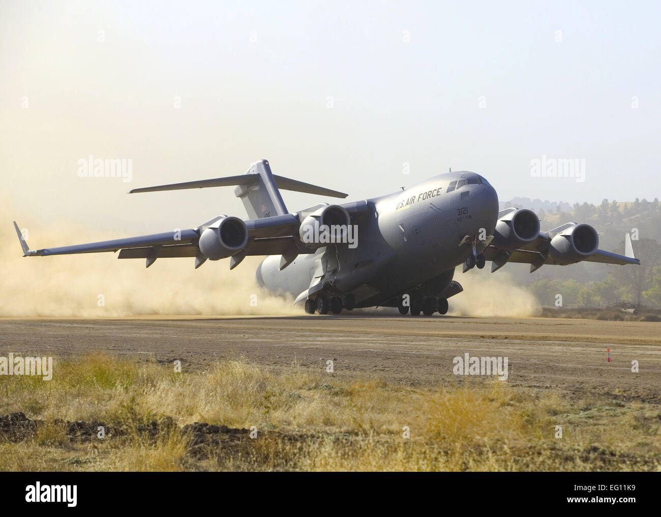 A U.S. Air Force C-17 Globemaster III cargo aircraft takes off from Fort Hunter Liggett, Calif ...