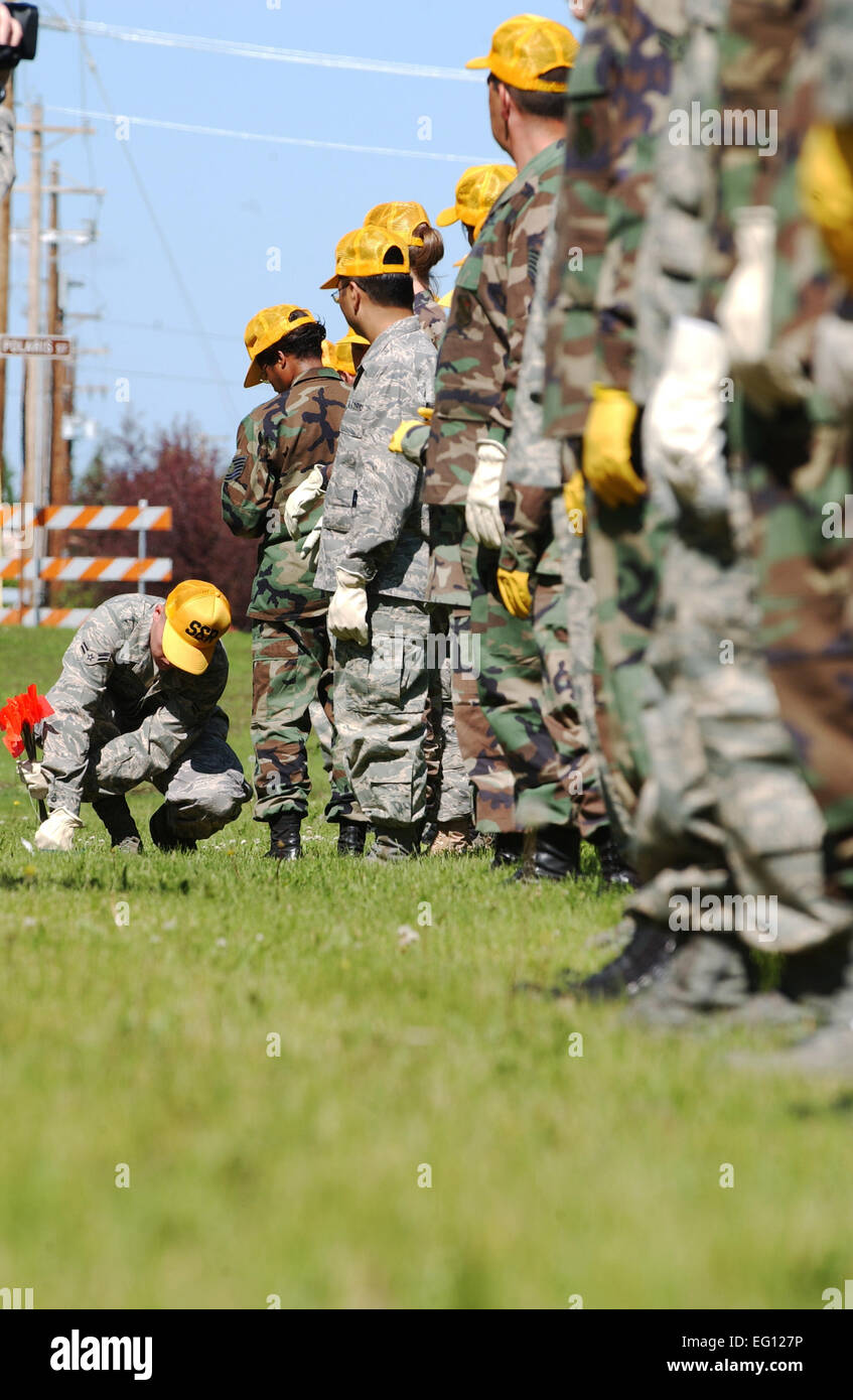 U.S. Air Force Airman of the 354th Force Support Squadron stop after ...
