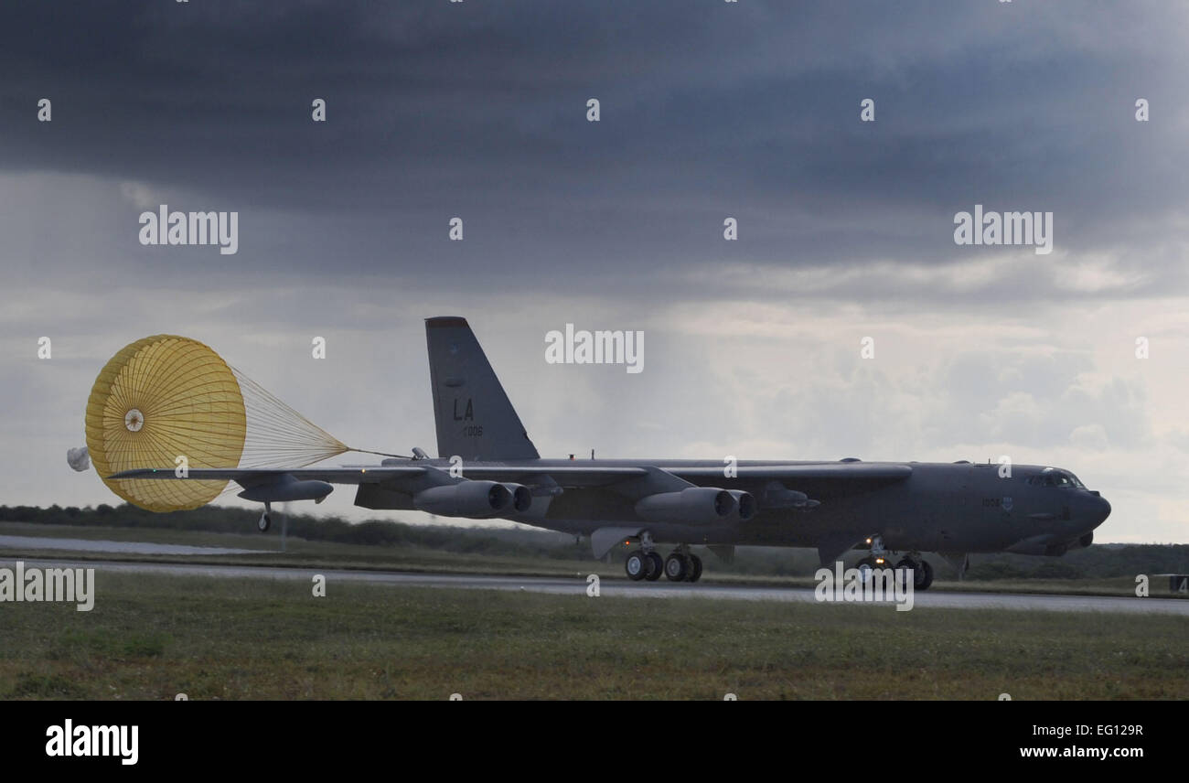 A B-52 Stratofortress bomber, 96th Bomb Squadron, lands on Andersen Air ...