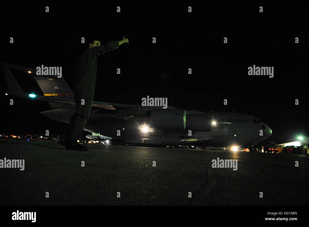 A C-17 Globemaster III aircraft from the 452nd Air Mobility Wing, March Air Reserve Base, Calif ...
